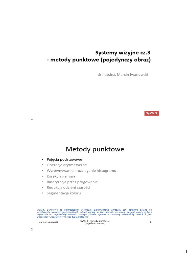 SyWi 3 - Metody Punktowe (Pojedynczy Obraz) | PDF