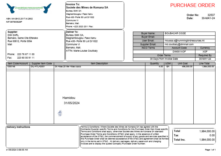 Purchase Order-32537 - Dim Sarl | PDF | Supply Chain Management | Business