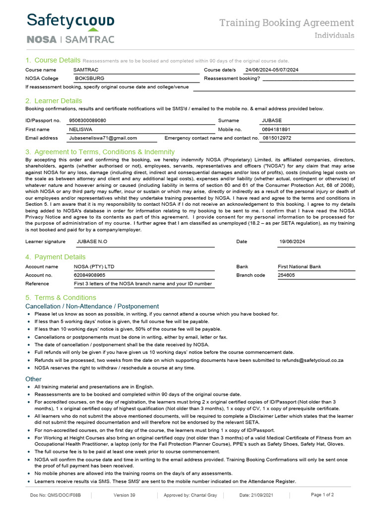 NOSA Booking Agreement Individual NOSA - v39 | PDF | Indemnity | Private Law