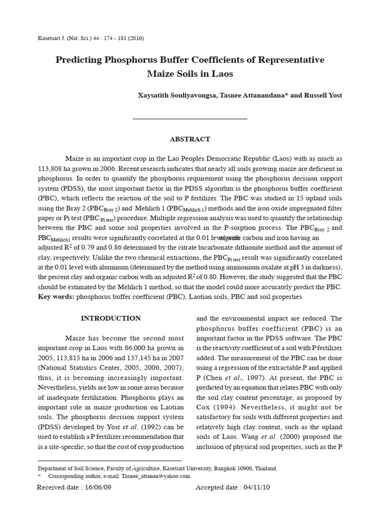 Predicting Phosphorus Buffer Coefficients of Representative Maize Soils in Laos | PDF | Soil ...