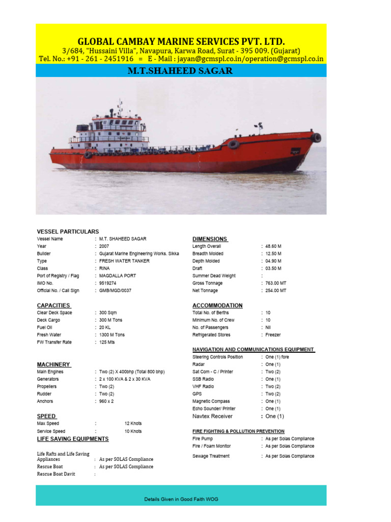 SHAHEED SAGAR - Specification | PDF | Ships | Shipping