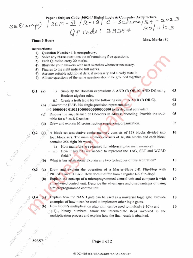Be Computer Engineering Semester 3 2023 December Digital Logic Computer Architecturerev 2019 C ...