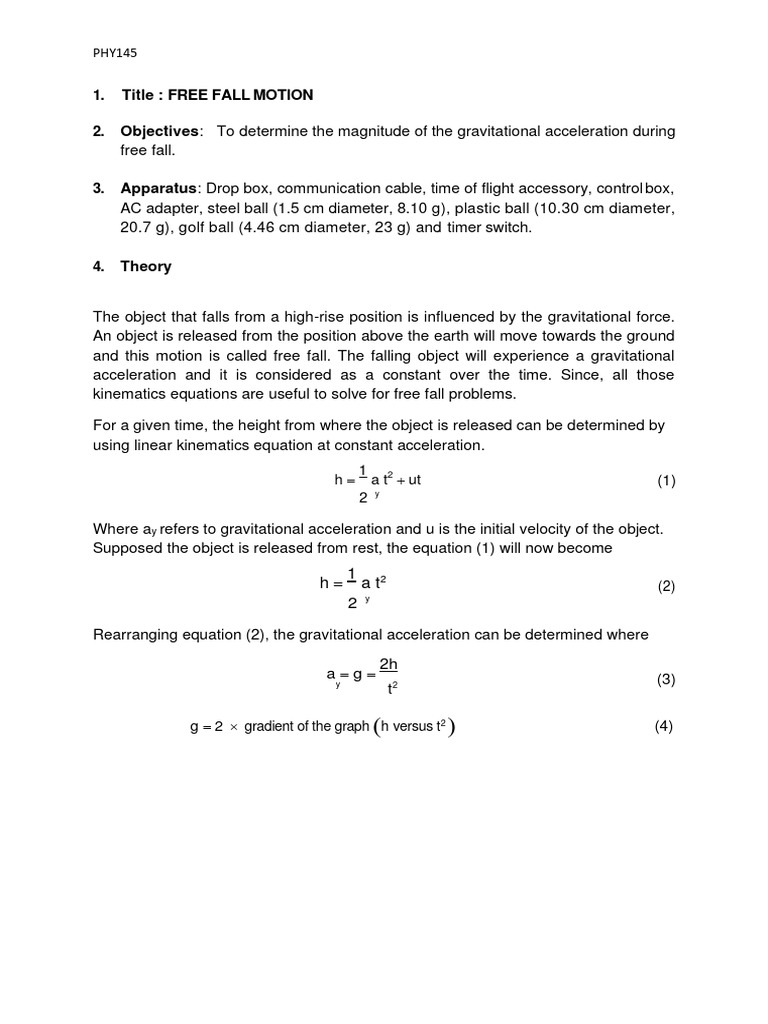 Lab Manual Phy145 - Free Fall - Edited | PDF | Acceleration | Gravity