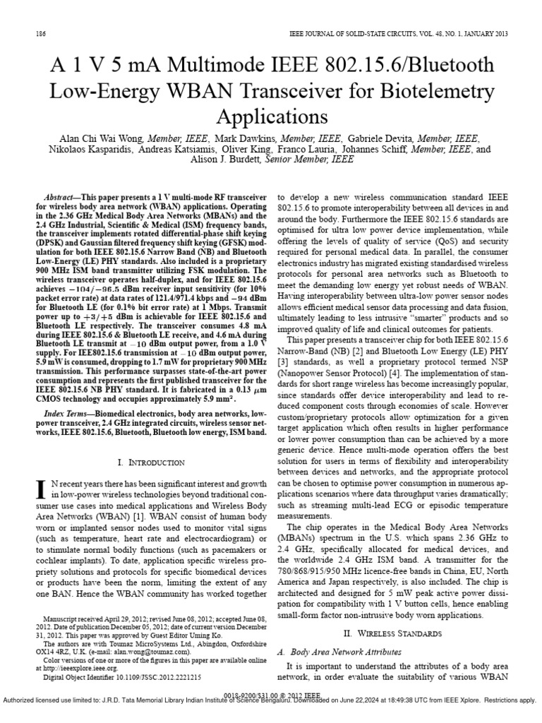 A 1 V 5 Ma Multimode IEEE 802.15.6 Bluetooth Low-Energy WBAN ...