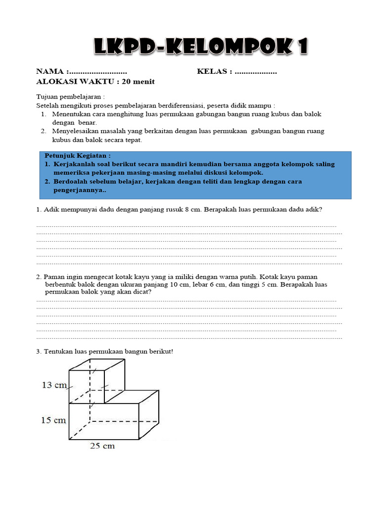 LKPD 1, 2, 3 Soal Luas Permukaan Bangun Ruang | PDF | Griya & Taman