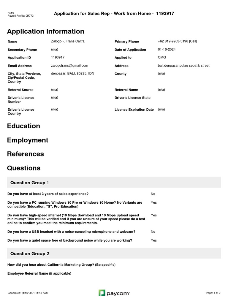 Application For Sales Rep - Work From Home - 1193917 | PDF | Employment ...