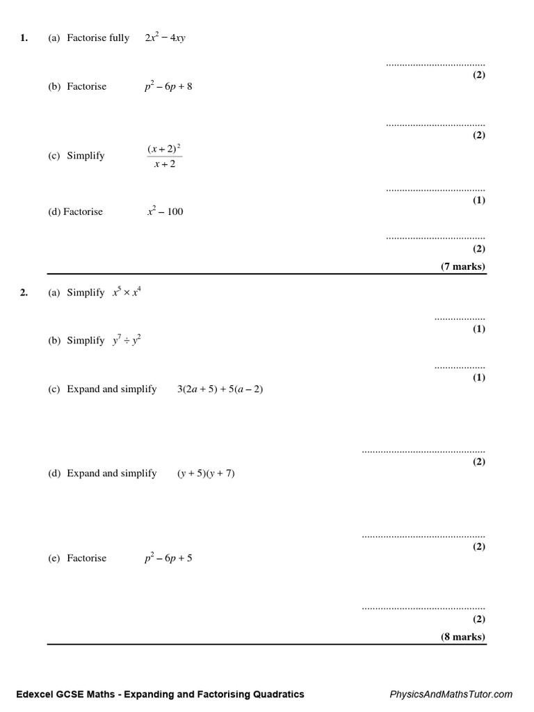 Expanding and Factorising Quadratics QP | PDF | Elementary Mathematics ...