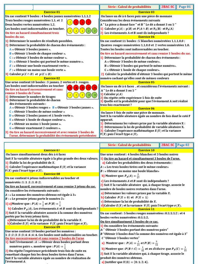 Exercices de Probabilités Bac 2SC | PDF | Probabilité | Variance ...