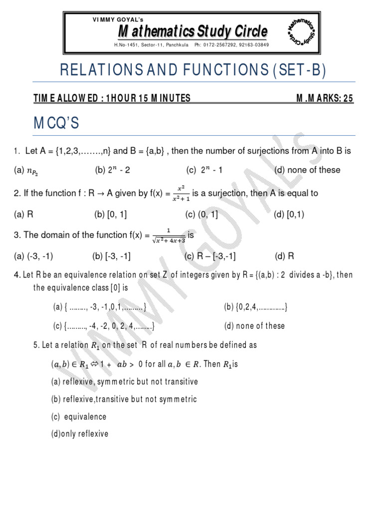 Relations & Functions 2024-25 SET-B | PDF | Function (Mathematics ...
