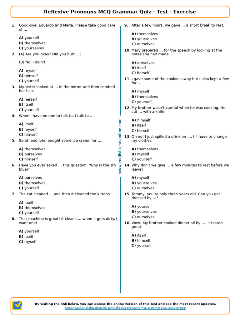 766 Reflexive Pronouns Mcq Grammar Quiz Test Exercise ...