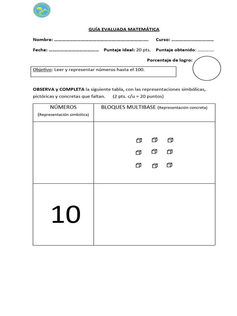 Guía Evaluada Matemática (Números 100) | PDF