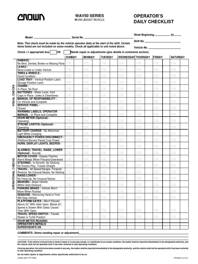 Operator'S Daily Checklist: Wav50 Series | Download Free PDF ...