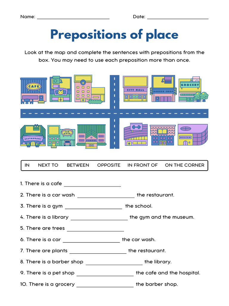 White Colorful Prepositions of Place Grammar and Vocabulary Practice ...