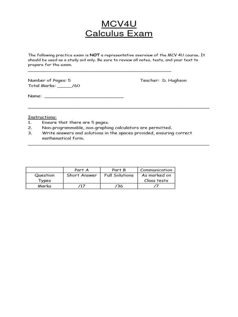 MCV4U Calculus Practice Exam Guide | PDF | Trigonometric Functions ...