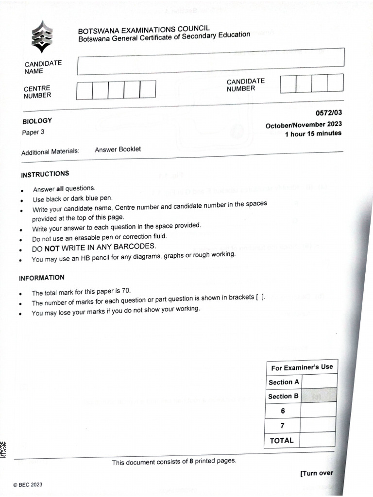 Biology 2023 Paper 3 Bgcse-1 | PDF | Science & Mathematics