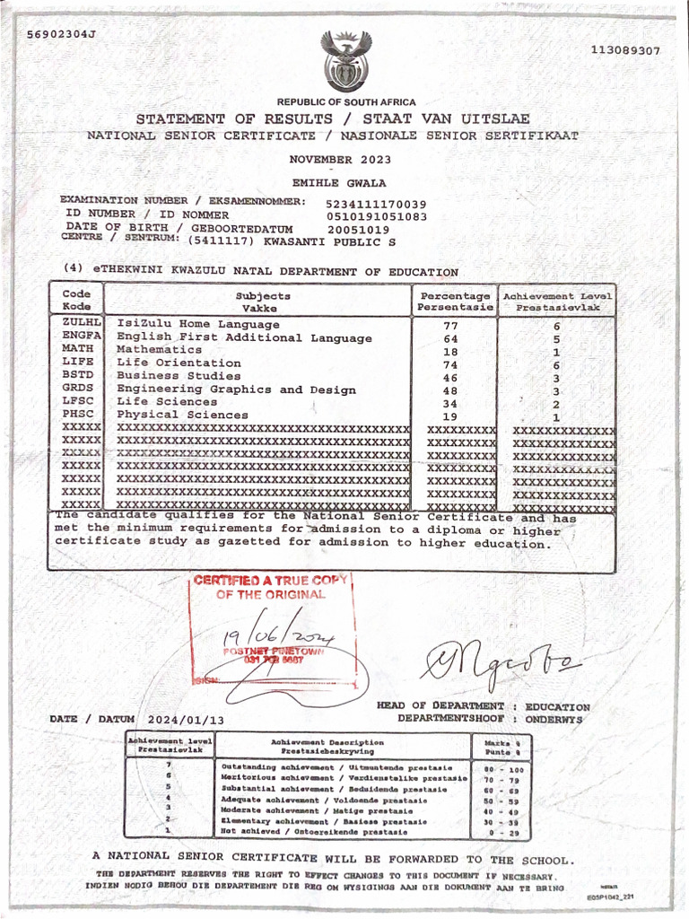 Emihle’s matric certificate | PDF