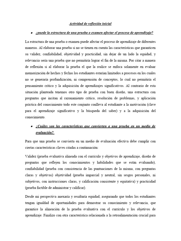Actividad de reflexión inicial | Descargar gratis PDF | Plan de estudios | Evaluación
