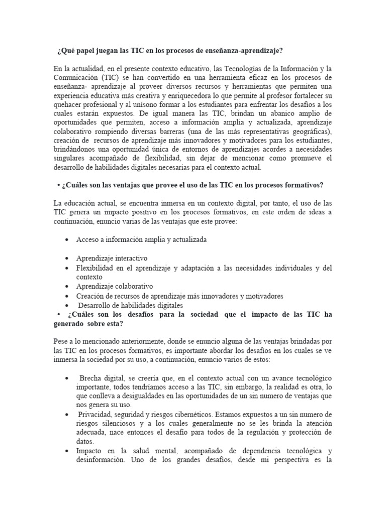 Qué Papel Juegan Las Tic En Los Procesos De Enseñanza Pdf