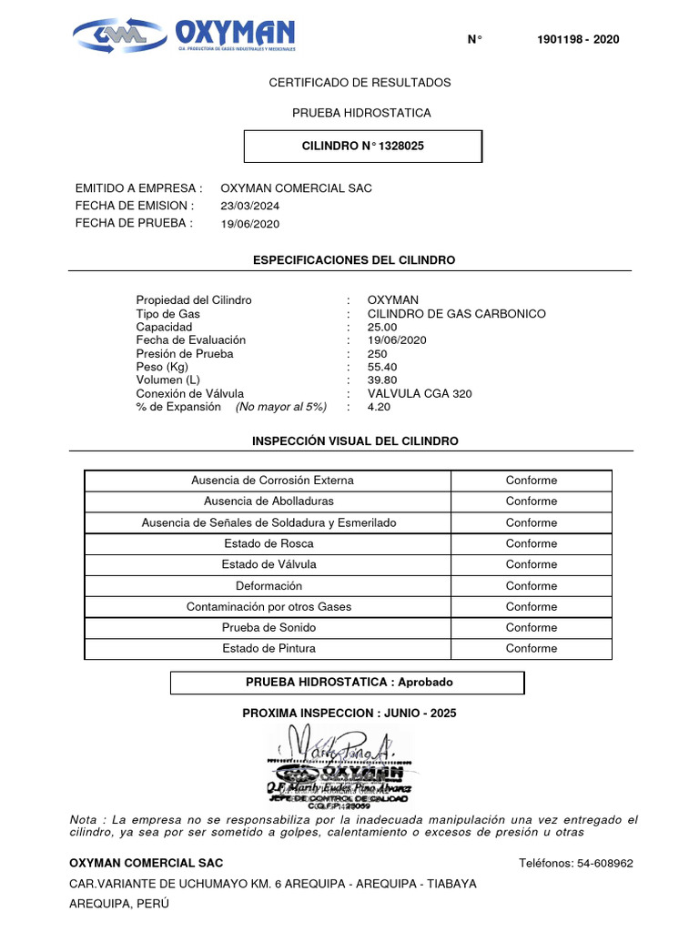 Certificado Prueba Hidrostática Cilindro CO2 | PDF | Tecnología