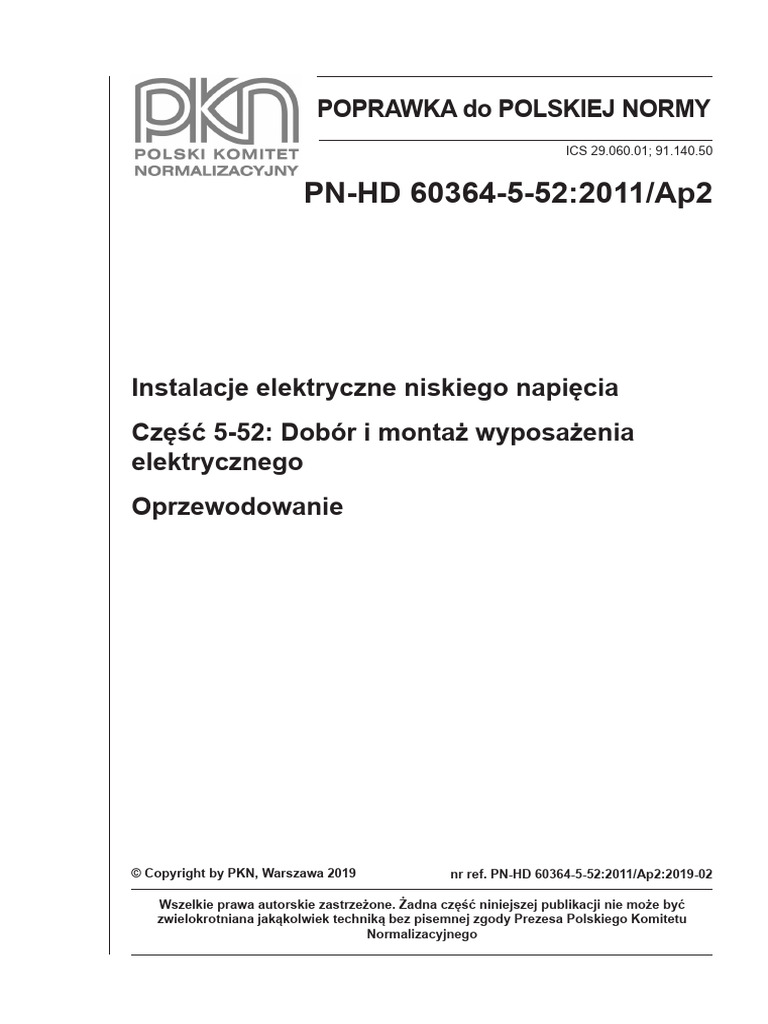 PN-HD 60364-5-52:2011/ap2: Poprawka Do Polskiej Normy | PDF