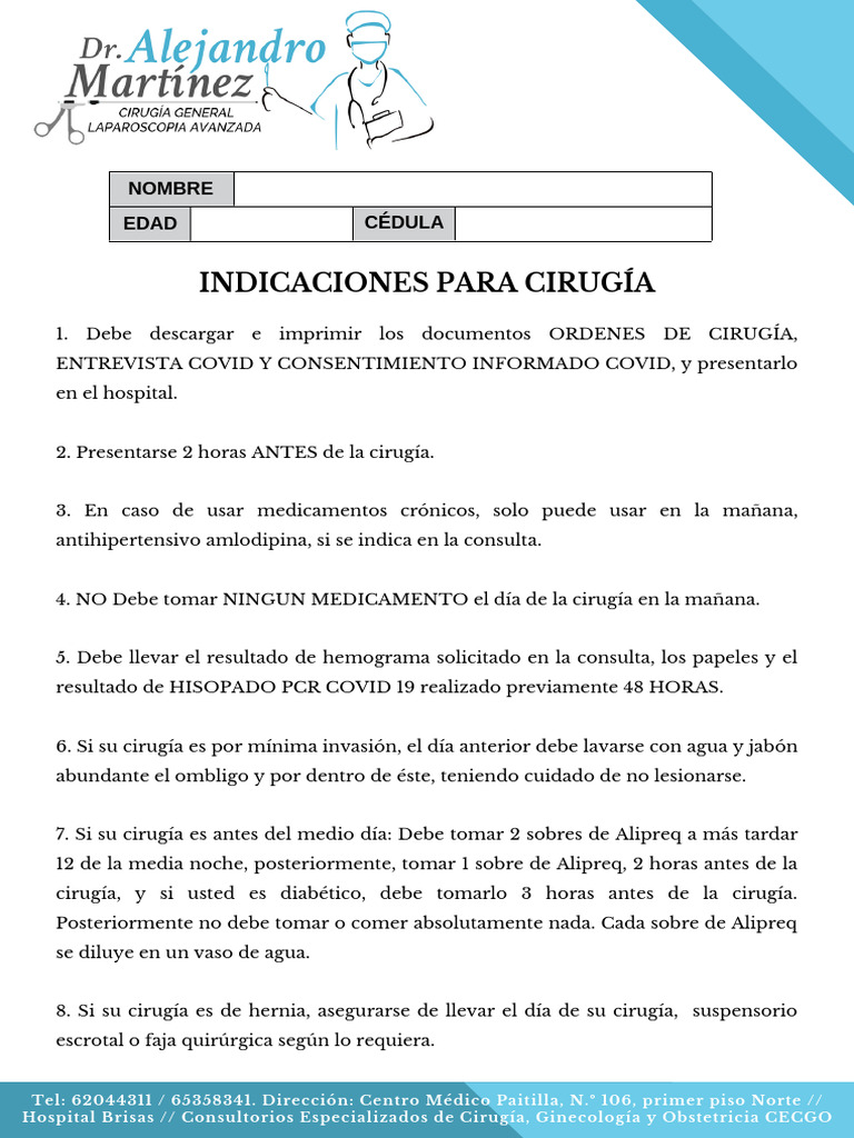 Formato de Indicaciones para Cirugia 1 | PDF | Cirugía
