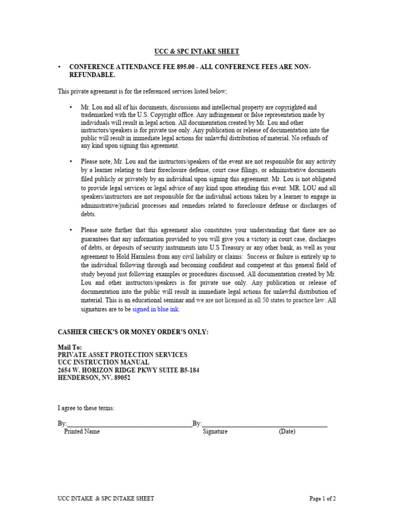 AFV MR Lou UCC & SPC INTAKE SHEET | PDF | Mail | Foreclosure