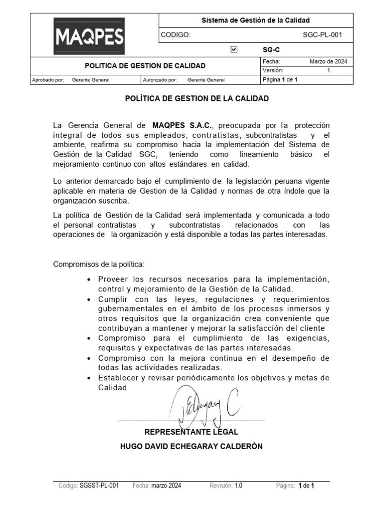 SGC-POL 001 Politica de GC | PDF | Gestión de la calidad | Sistema de ...