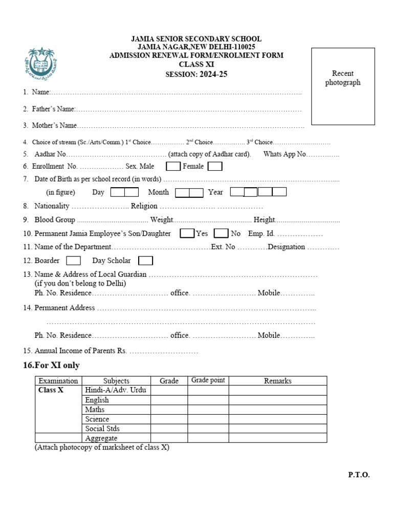 Renewal Form For IX & XI - Copy JMI 2024 | PDF