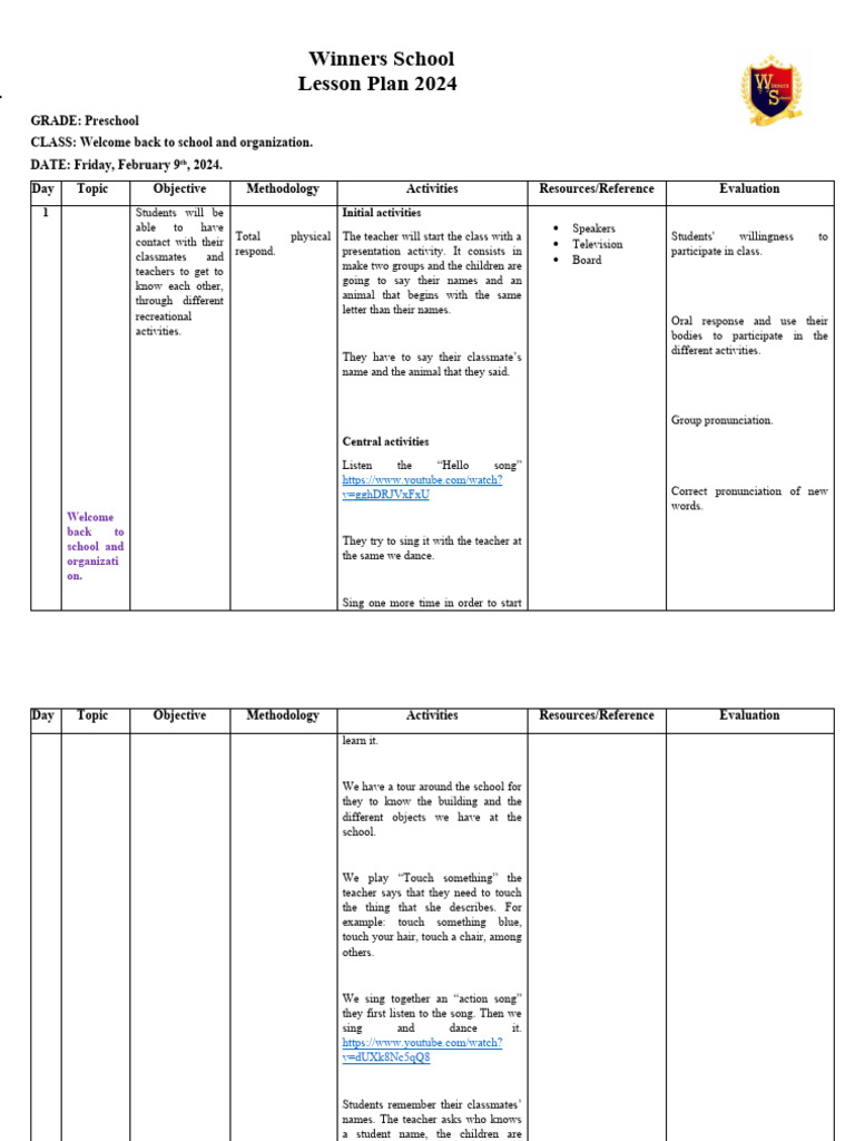 Winners School Lesson Plan Week 1 | PDF | Lesson Plan | Teachers