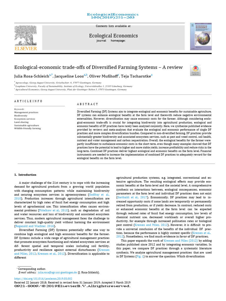 Ecological-economic trade-offs of diversified farming systems | PDF ...
