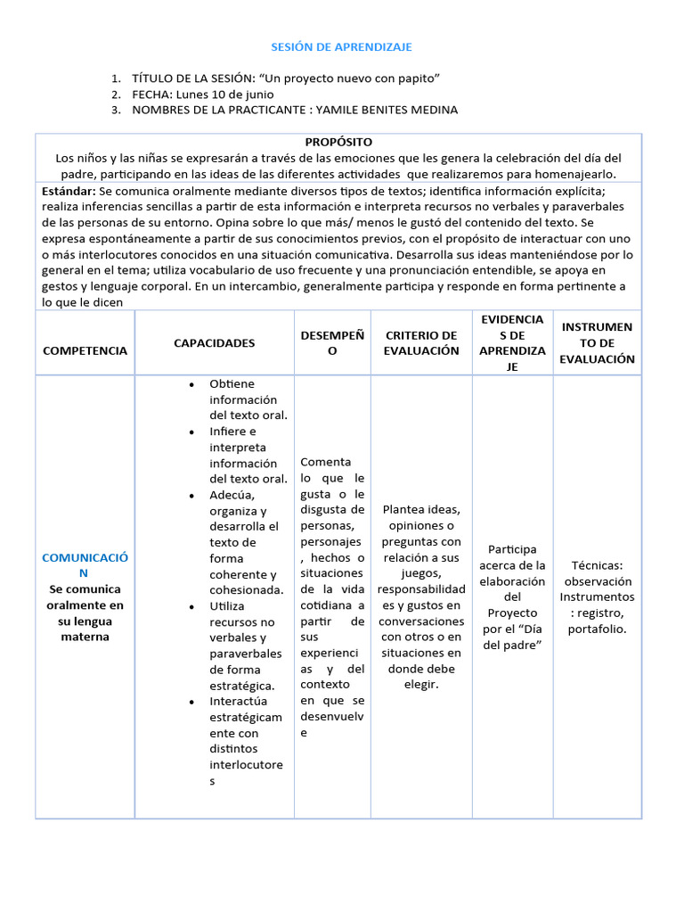 Sesión de Aprendizaje Dia Del Padre | PDF | Aprendizaje | Evaluación