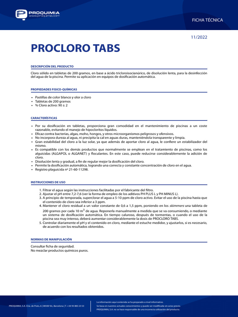 FT Es Procloro Tabs | PDF | Agua | Cloro