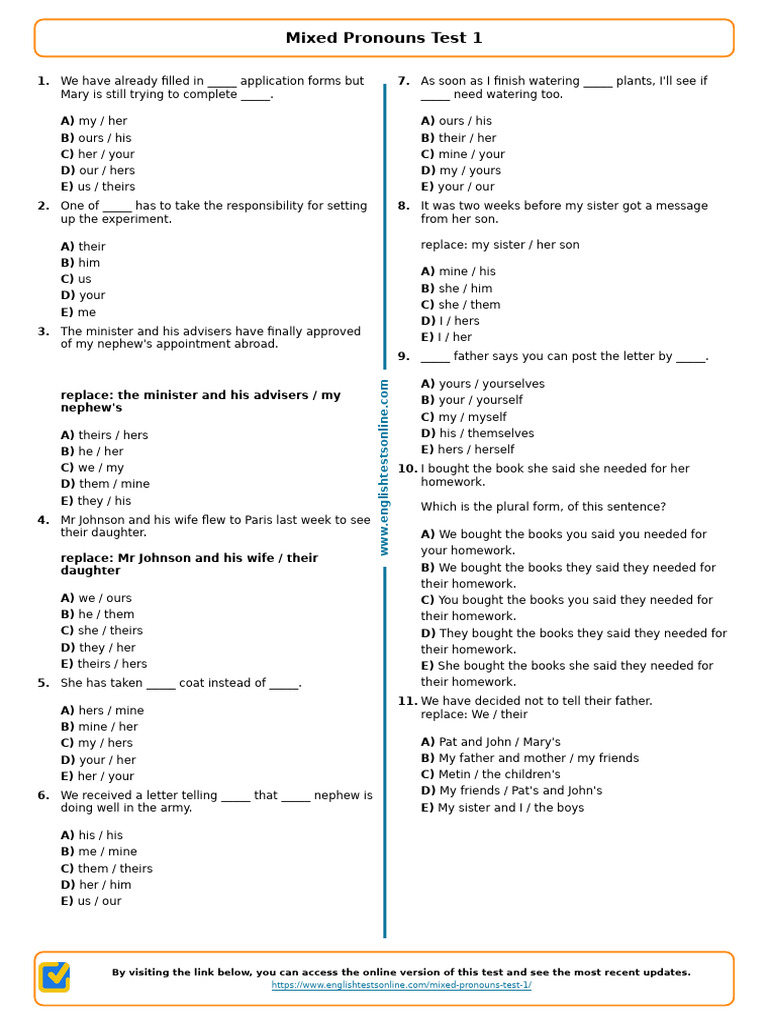 1810 - Mixed Pronouns Test 1 | PDF