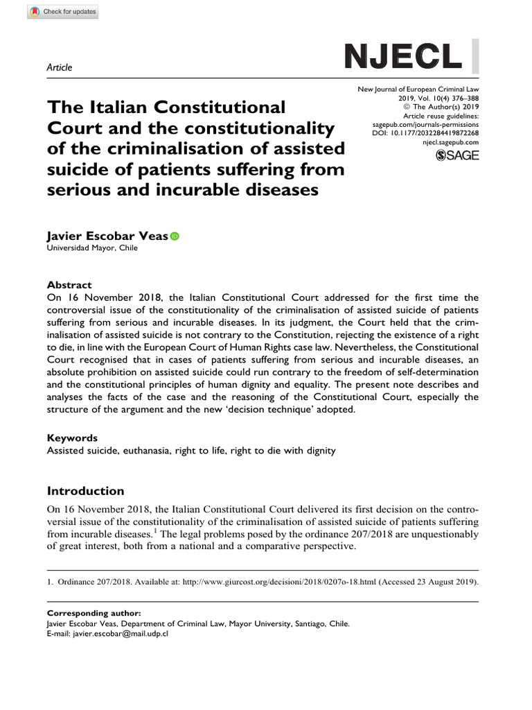 The Italian Constitutional Court and Cappato Case. Javier Escobar Veas ...