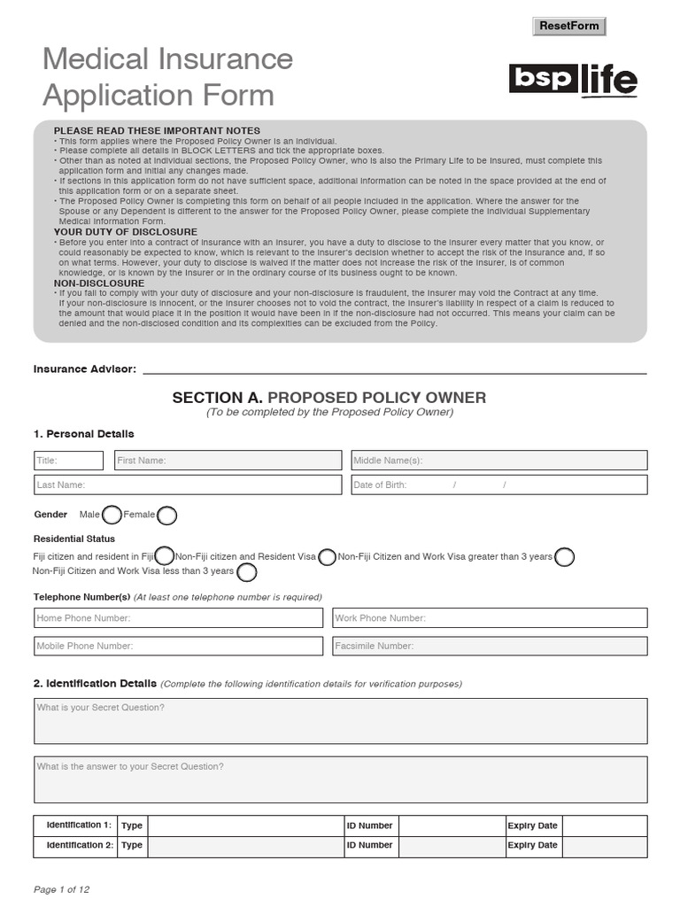 Medical Insurance Application Form - Fillable | PDF | Insurance ...