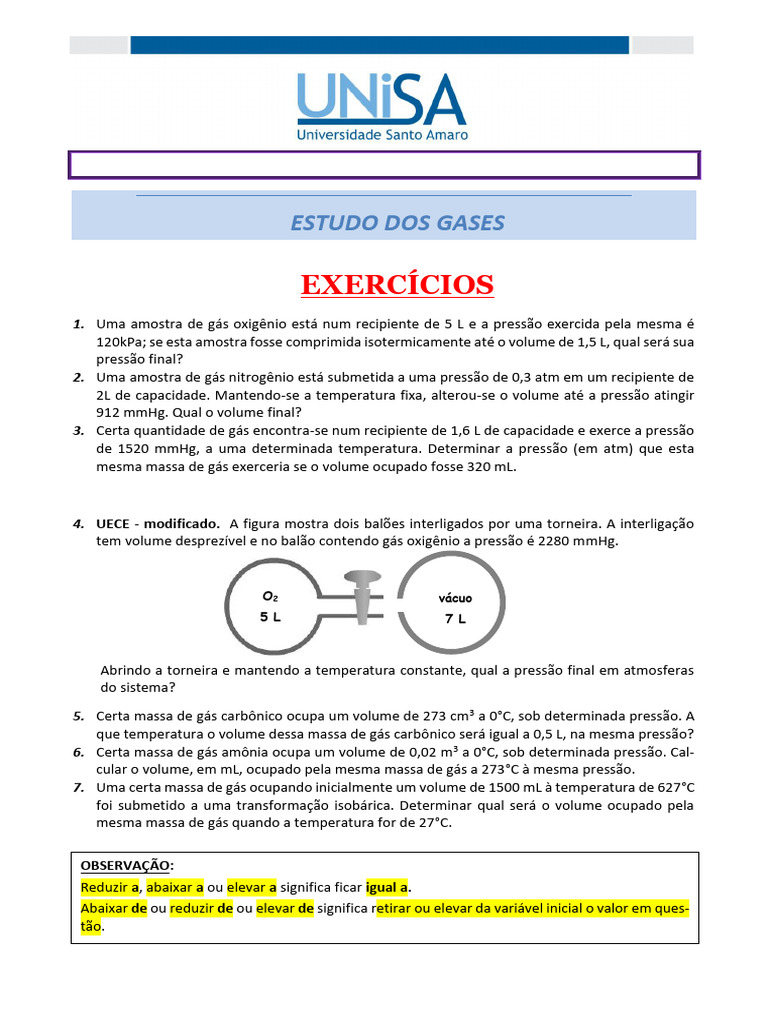 Estudo Dos Gases EXERCÍCIOS | PDF | Gases | Metano