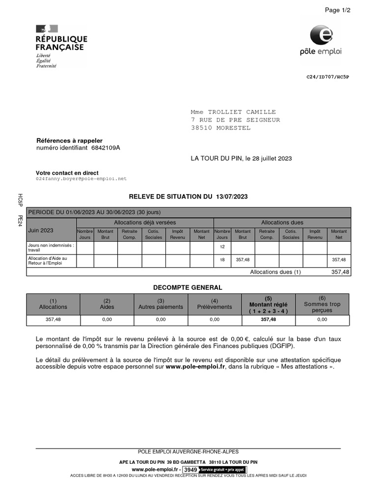 Relevé de situation Pôle Emploi 2023 | PDF | Impôts | Impôt sur le revenu