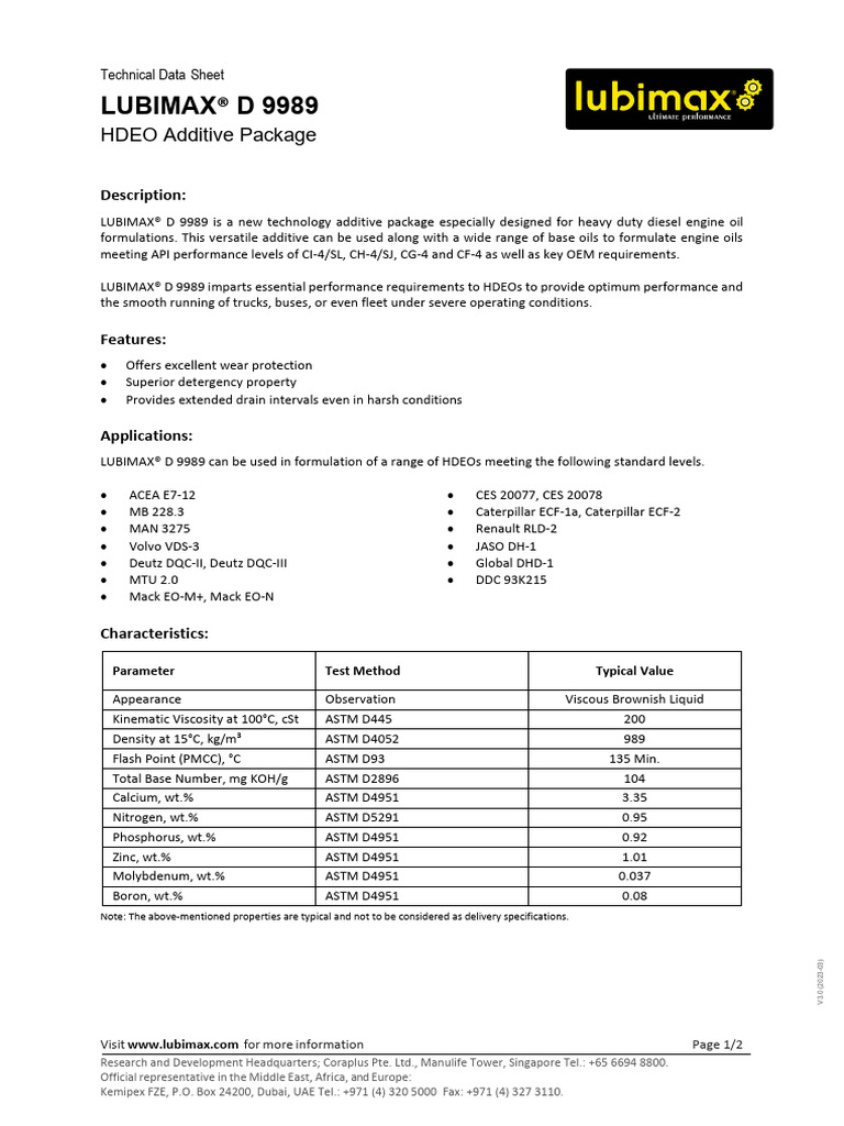 Lubimax D 9989 - Tds - V3 | PDF | Motor Oil | Materials