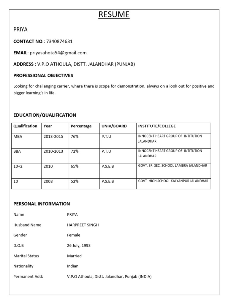 Priya CV | PDF | Career & Growth | Business