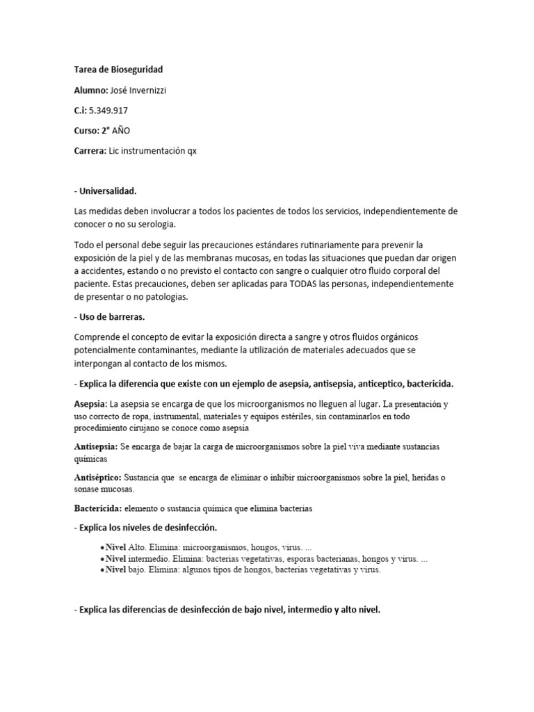 Bioseguridad Tarea (Jose Invernizzi) | PDF | Las bacterias | Virus