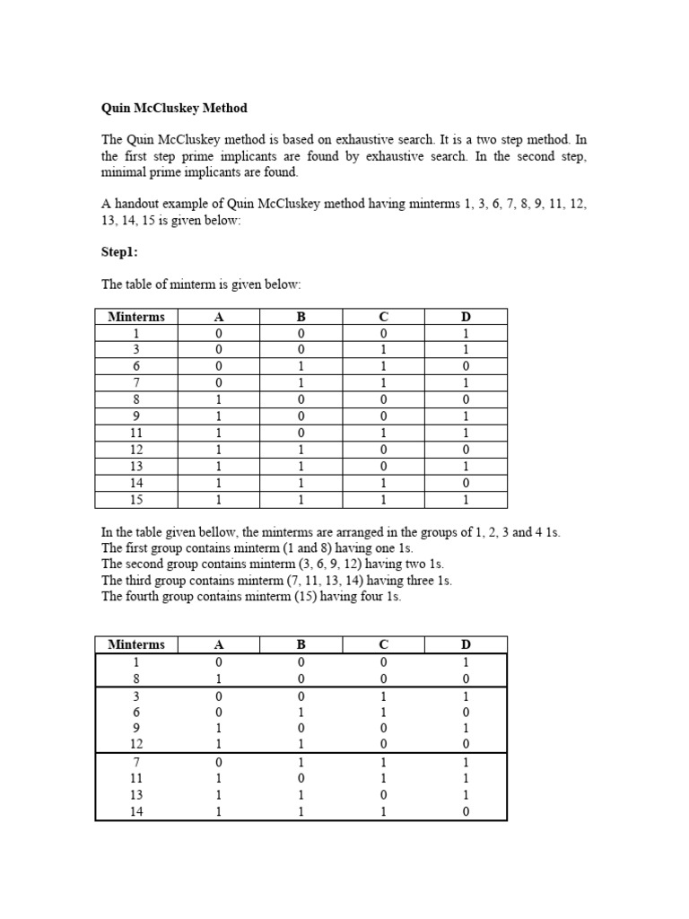 Quin McCluskey Method | PDF | Mathematical Logic | Boolean Algebra