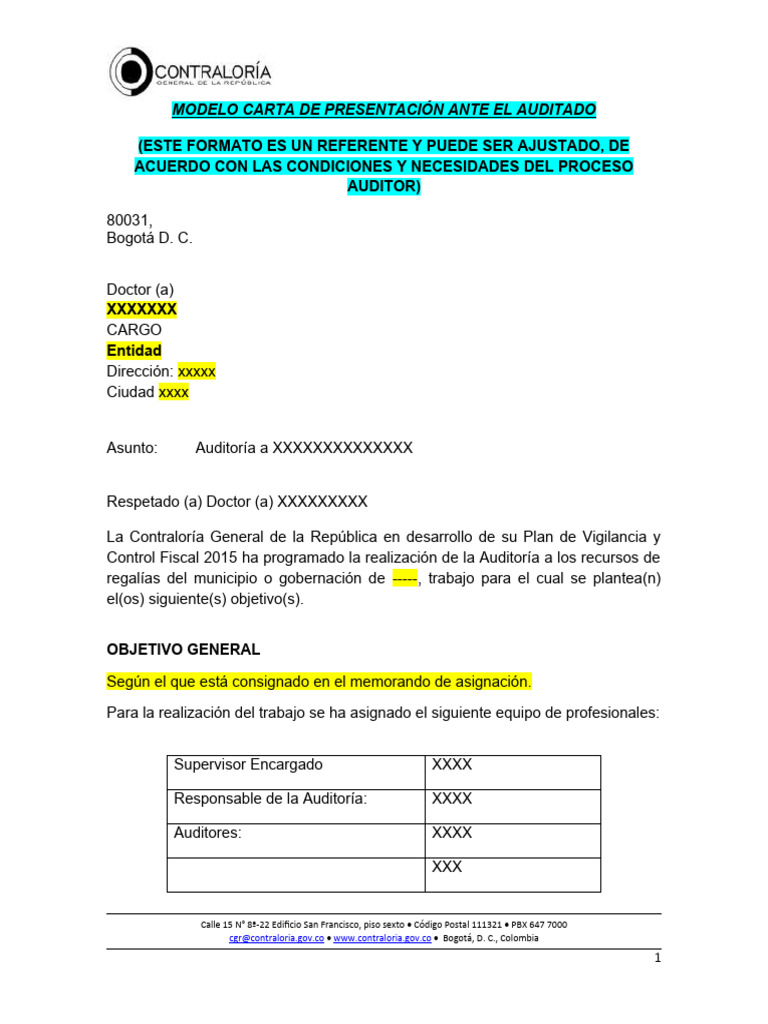 Formato de Carta Presentación Auditado SGR | PDF | Auditoría | Contralor