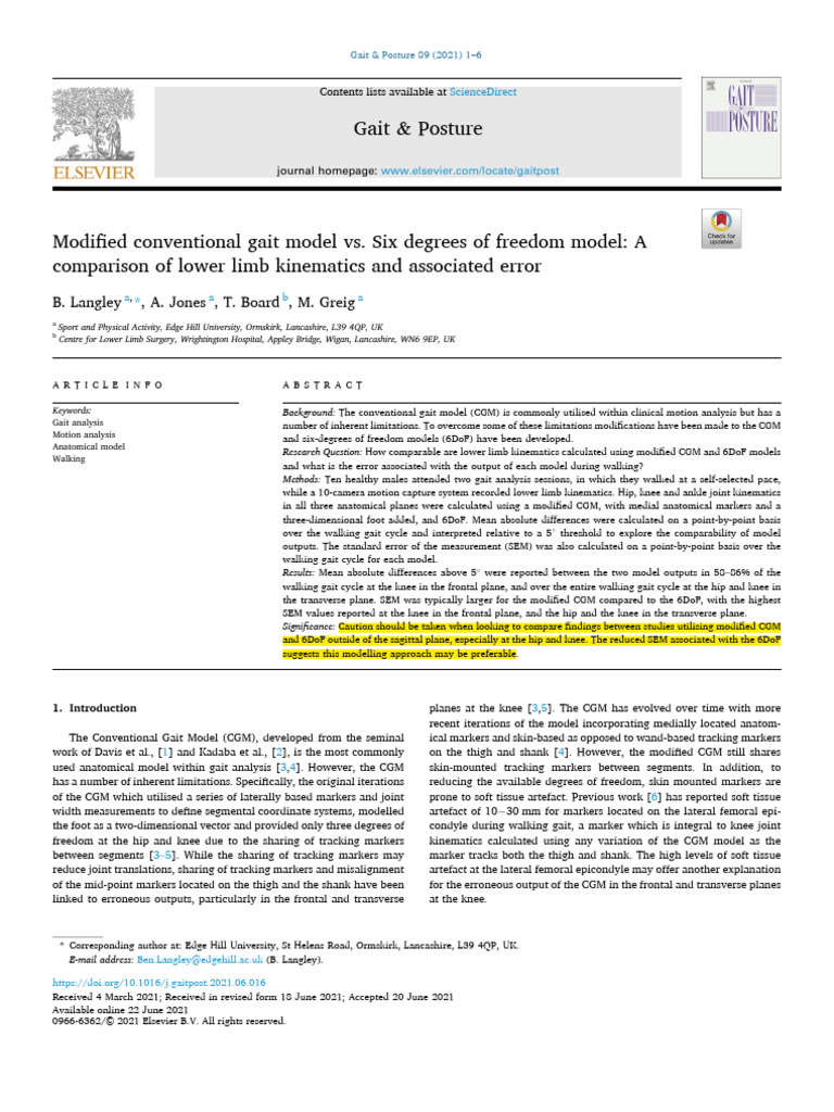 Modified Conventional Gait Model Vs Six Degrees of Freedom Model A | PDF | Hip | Anatomical ...