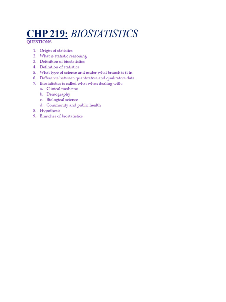 CHP 219 Biostats Questions | PDF