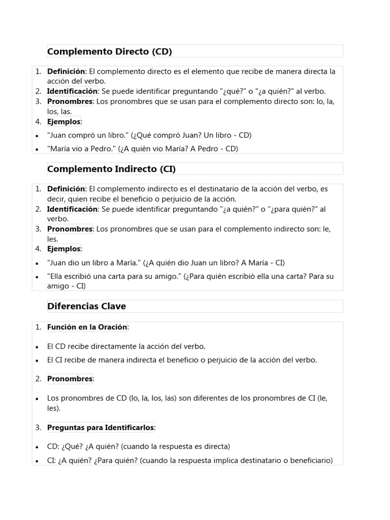 Complemento Directo e Indirecto | PDF | Objeto (gramática) | Verbo