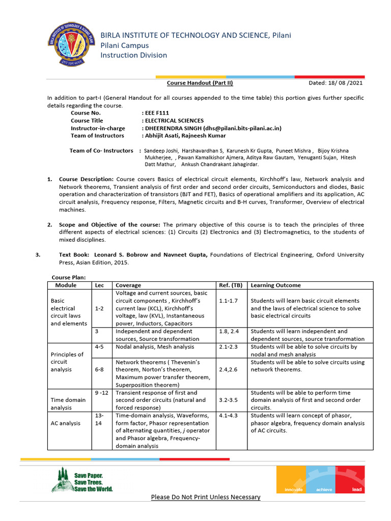 EEE F111 1009-Course - Handout | PDF | Transistor | Electrical Network