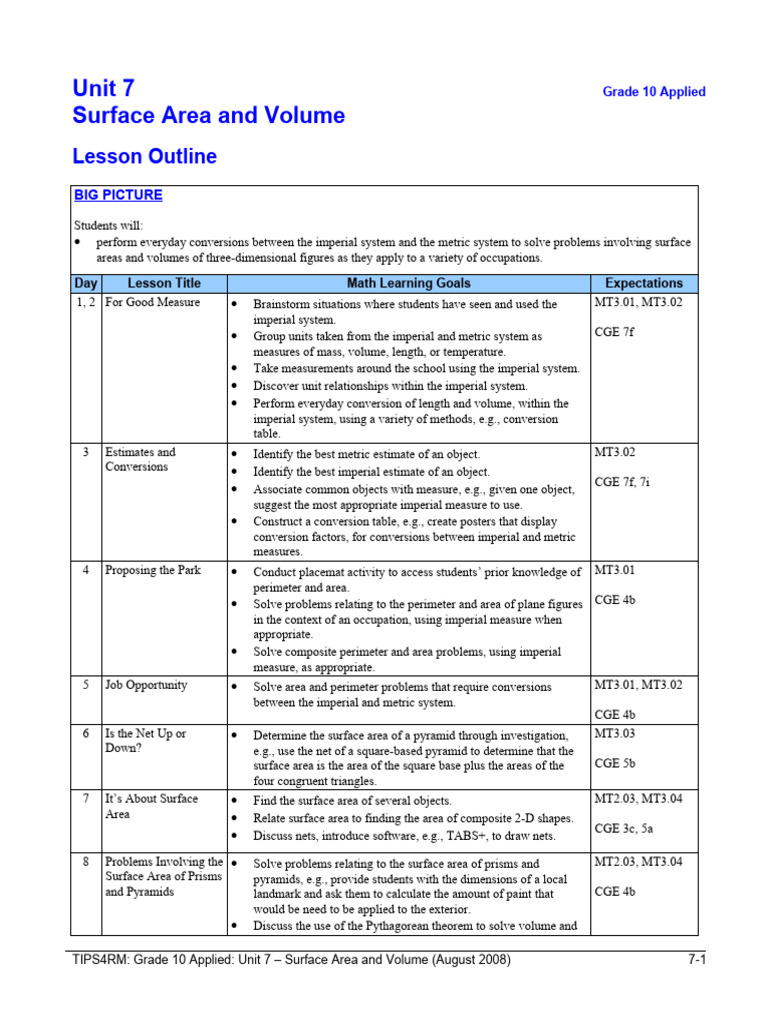 MFM2P Unit 7 Surface Area and Volume | PDF | Area | Foot (Unit)