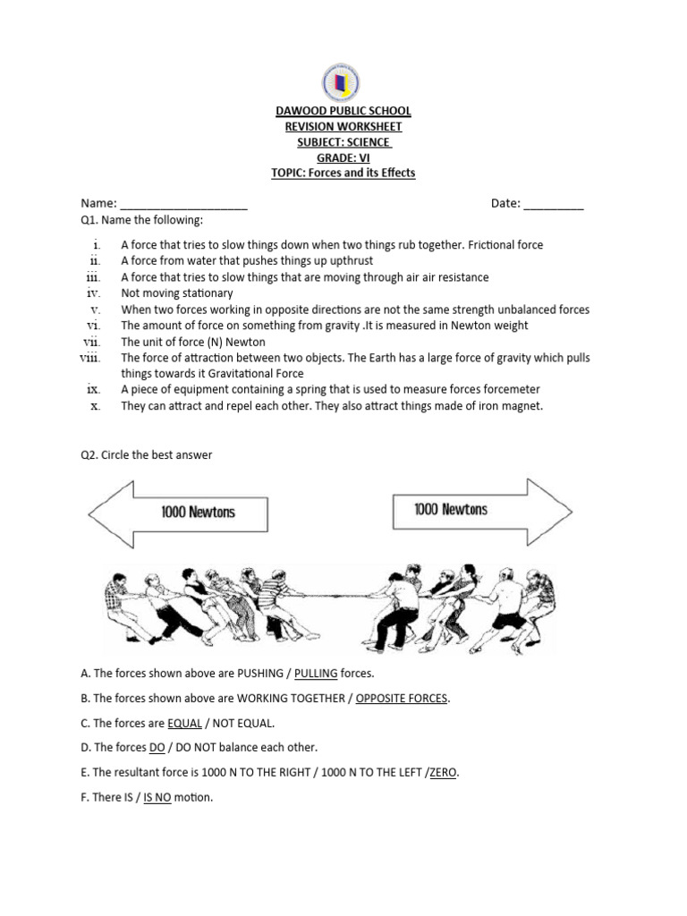 Forces and Effects Worksheet for Grade VI | PDF | Force | Friction
