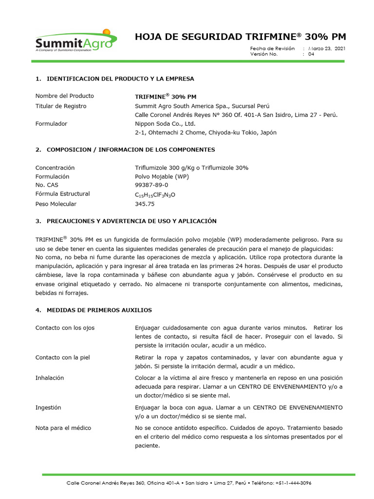 Msds Trifmine 30wp v4 | PDF | Agua | Carbón