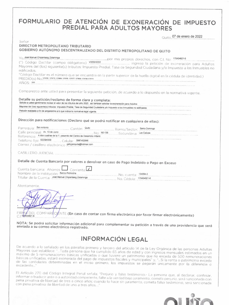 Formulario De Atención De Exoneración De Impuesto Predial Para Adultos 3164